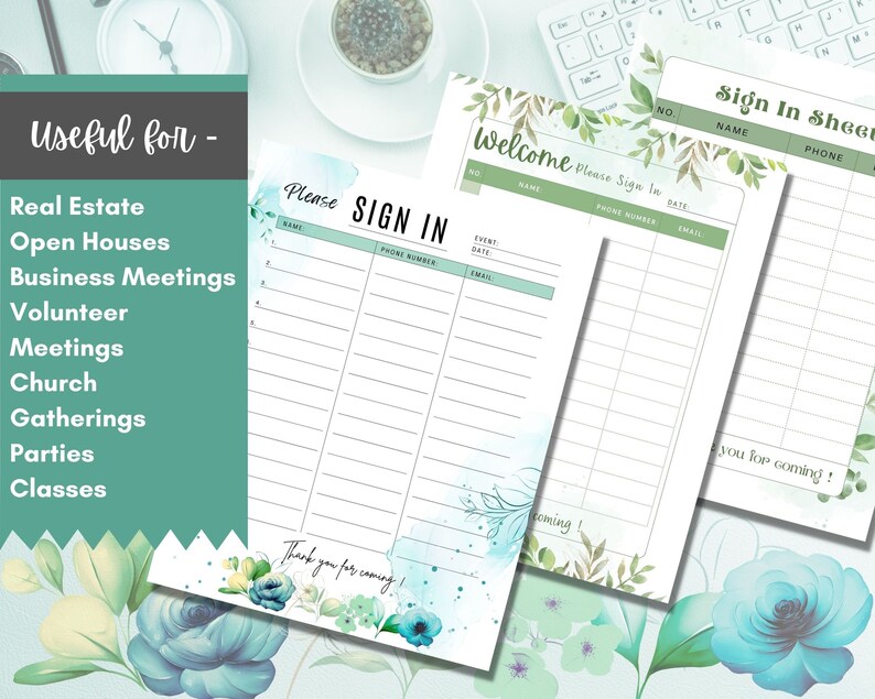 Printable Sign in Sheet Green Floral Welcome Home Real Estate and Open ...