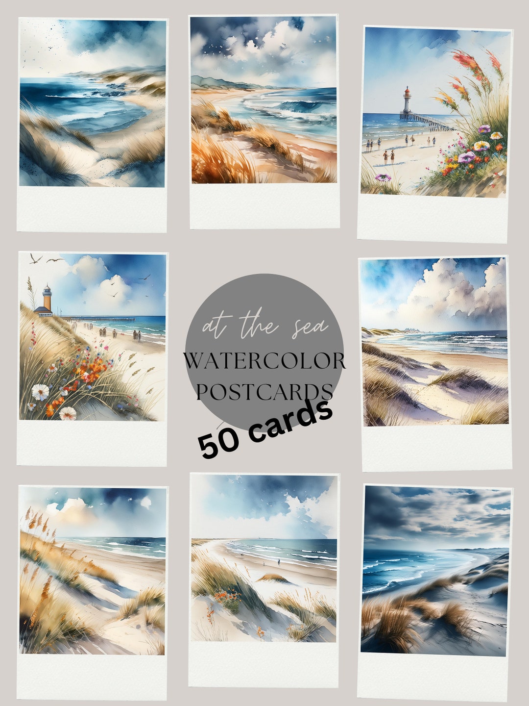 50 Printable Watercolor Postcard Poster Set of 50 Cards "at the Sea ...