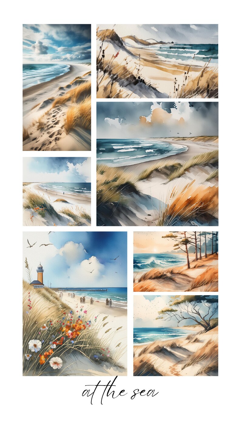 50 Printable Watercolor Postcard Poster Set of 50 Cards "at the Sea ...