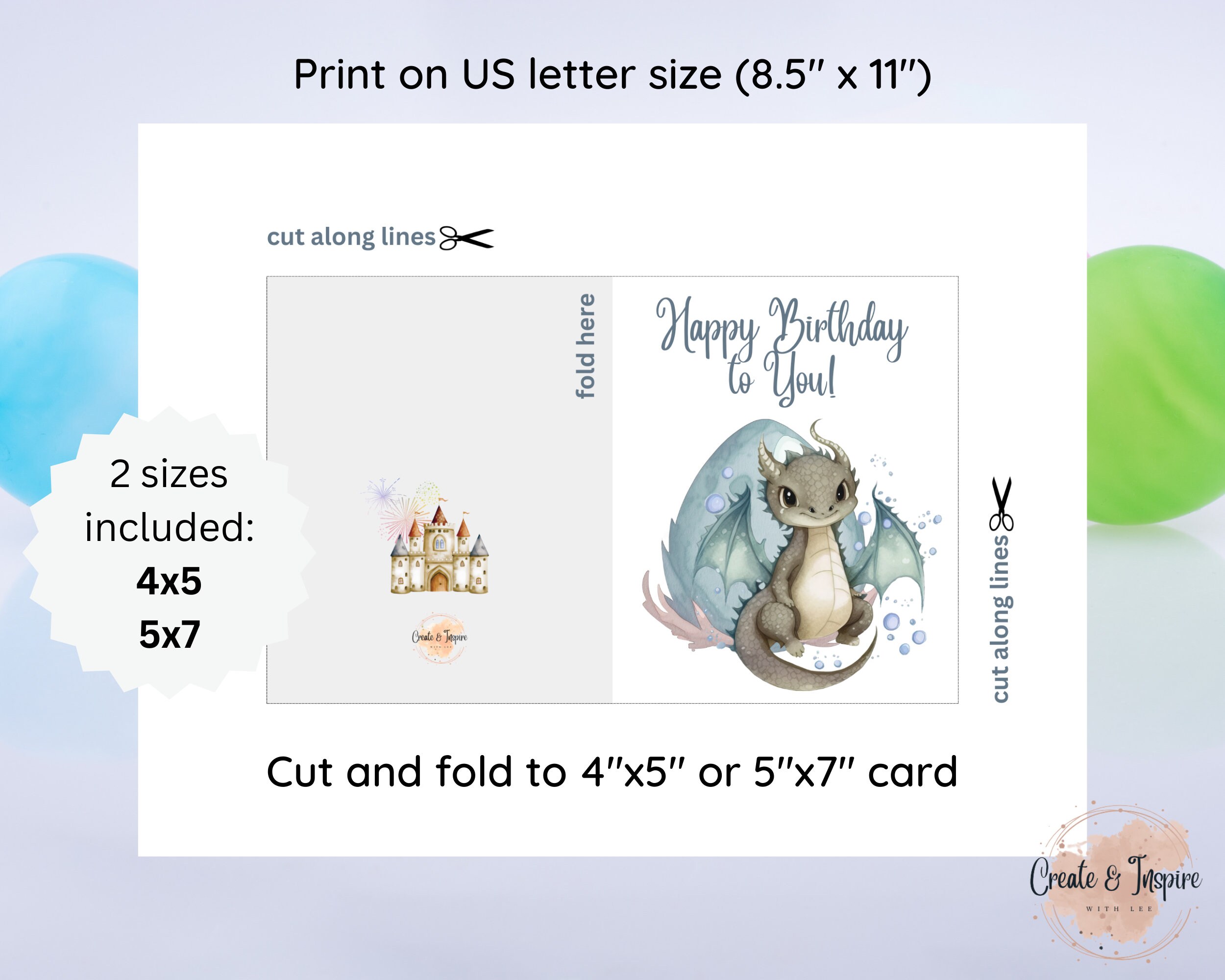 Cute Dragon Birthday Card for Kids | Printable 4x5, 5x7 (PDF & JPEG) - Etsy
