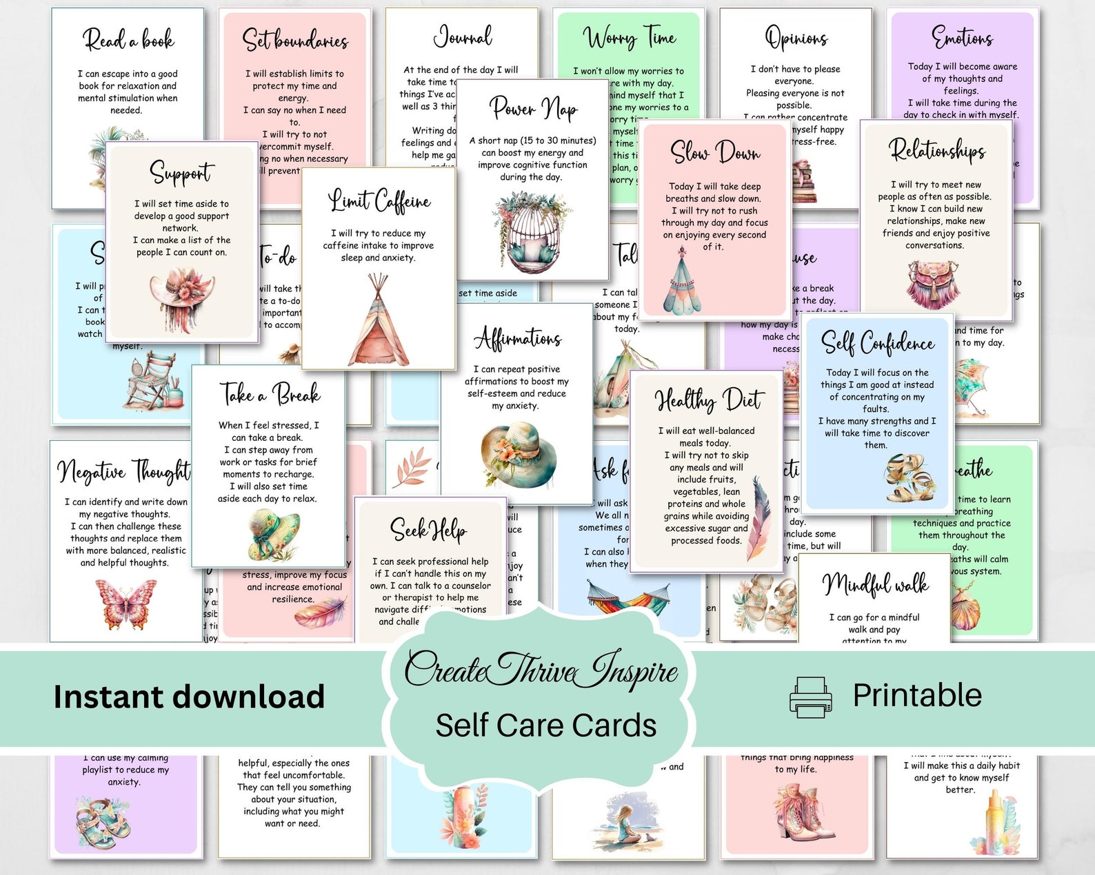 Positive Affirmations Self-care Cards Coping Skills Flashcards Self ...