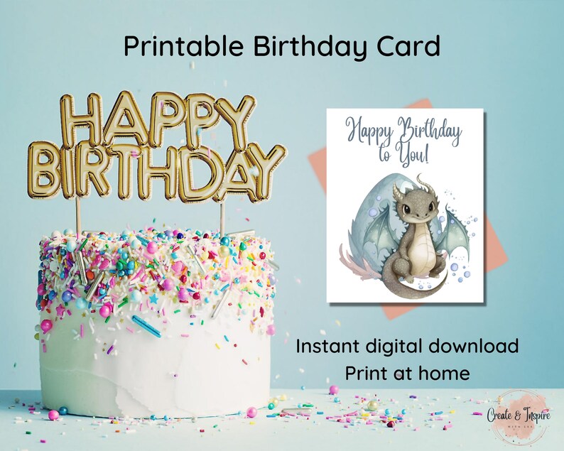 Cute Dragon Birthday Card for Kids | Printable 4x5, 5x7 (PDF & JPEG) - Etsy