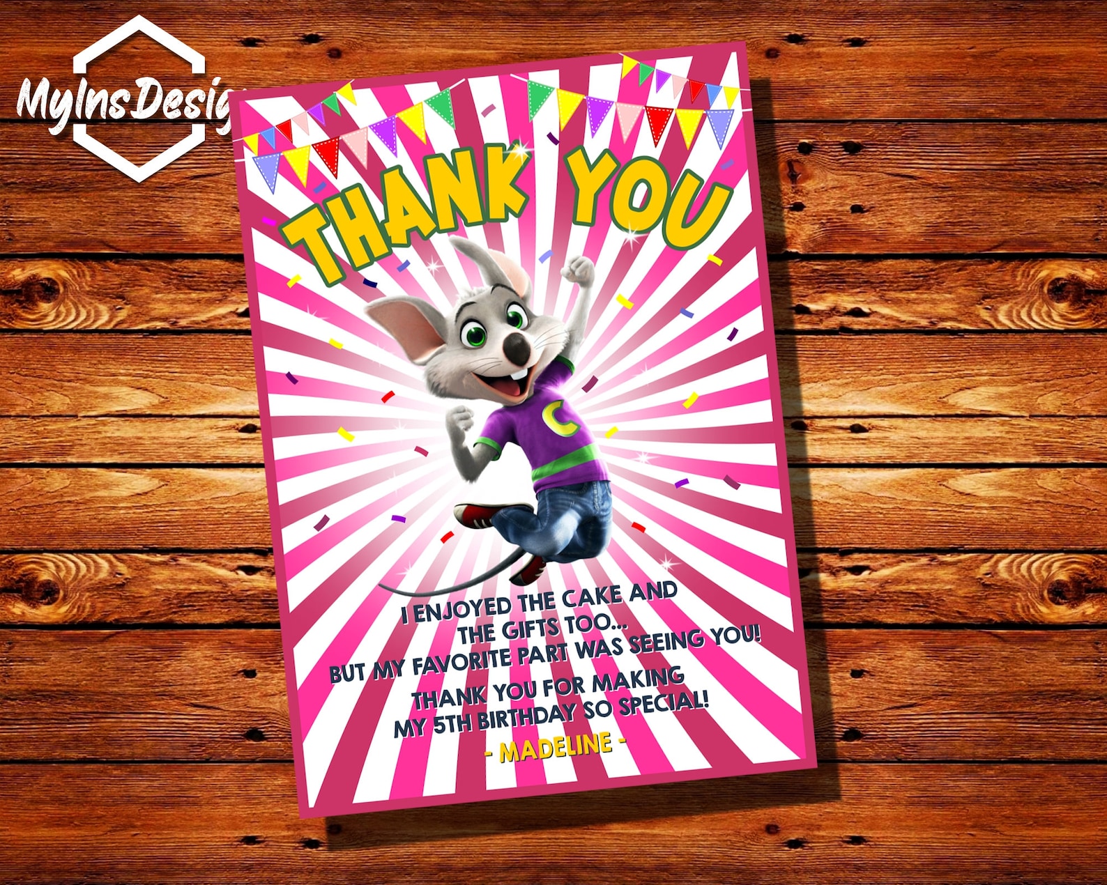 Chuck E Cheese Thank You Card, Chuck E Cheese Invitation, Chuck E ...