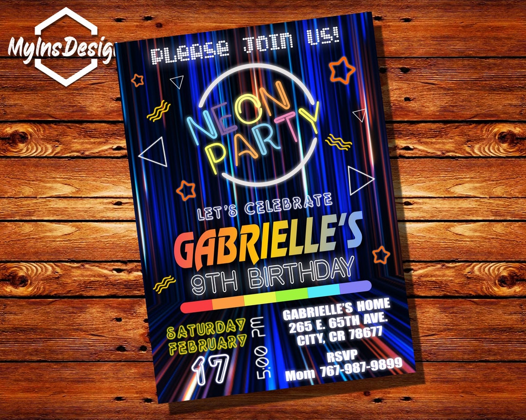 Neon Party Invitation With Photo, Kids Party Invitation, Neon Party ...