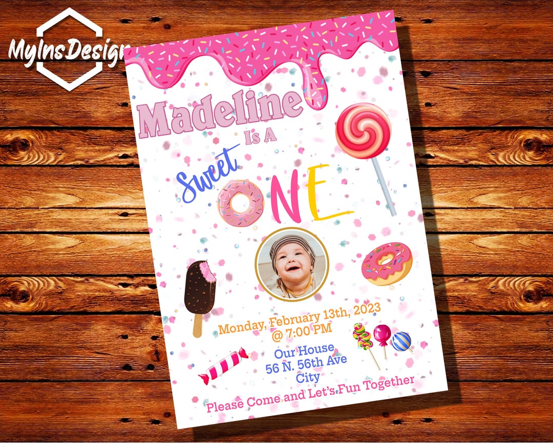 Sweet One Birthday Invitation With Photo, Donuts Invitation, Candy and ...