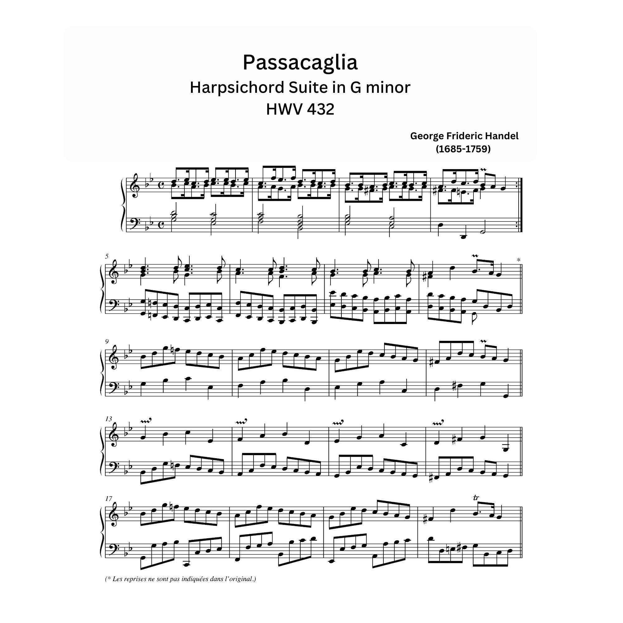 Passacaglia Suite in G Minor HWV 432 by G. Handel Classical Piano Sheet ...