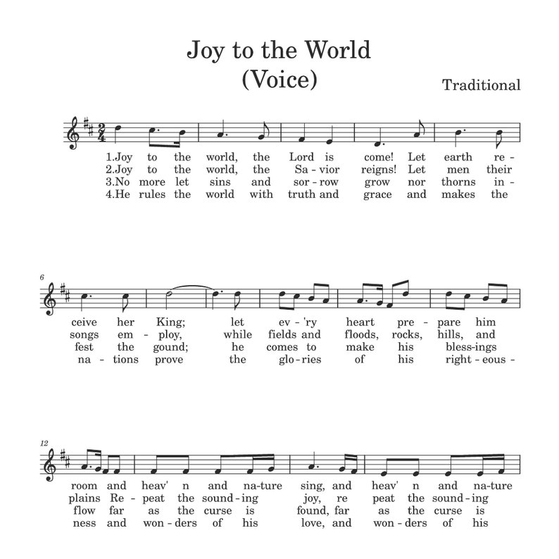 Joy to the World Christmas Carol (easy) Piano / Vocal Music Sheet ...