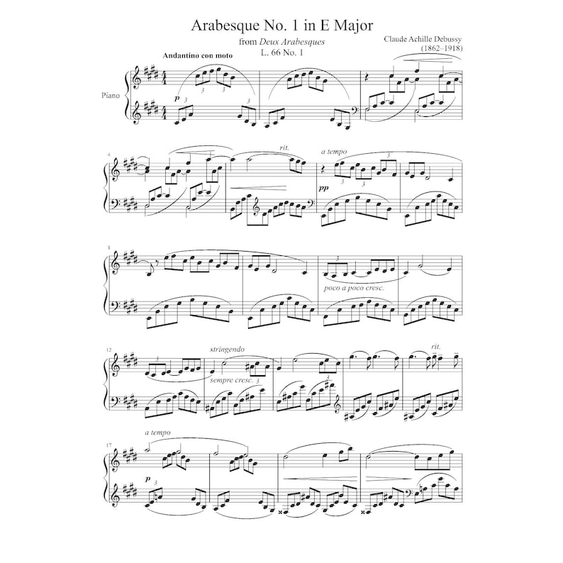 Debussy - Arabesque No. 1 Piano Sheet Music PDF 5 Pages - Etsy
