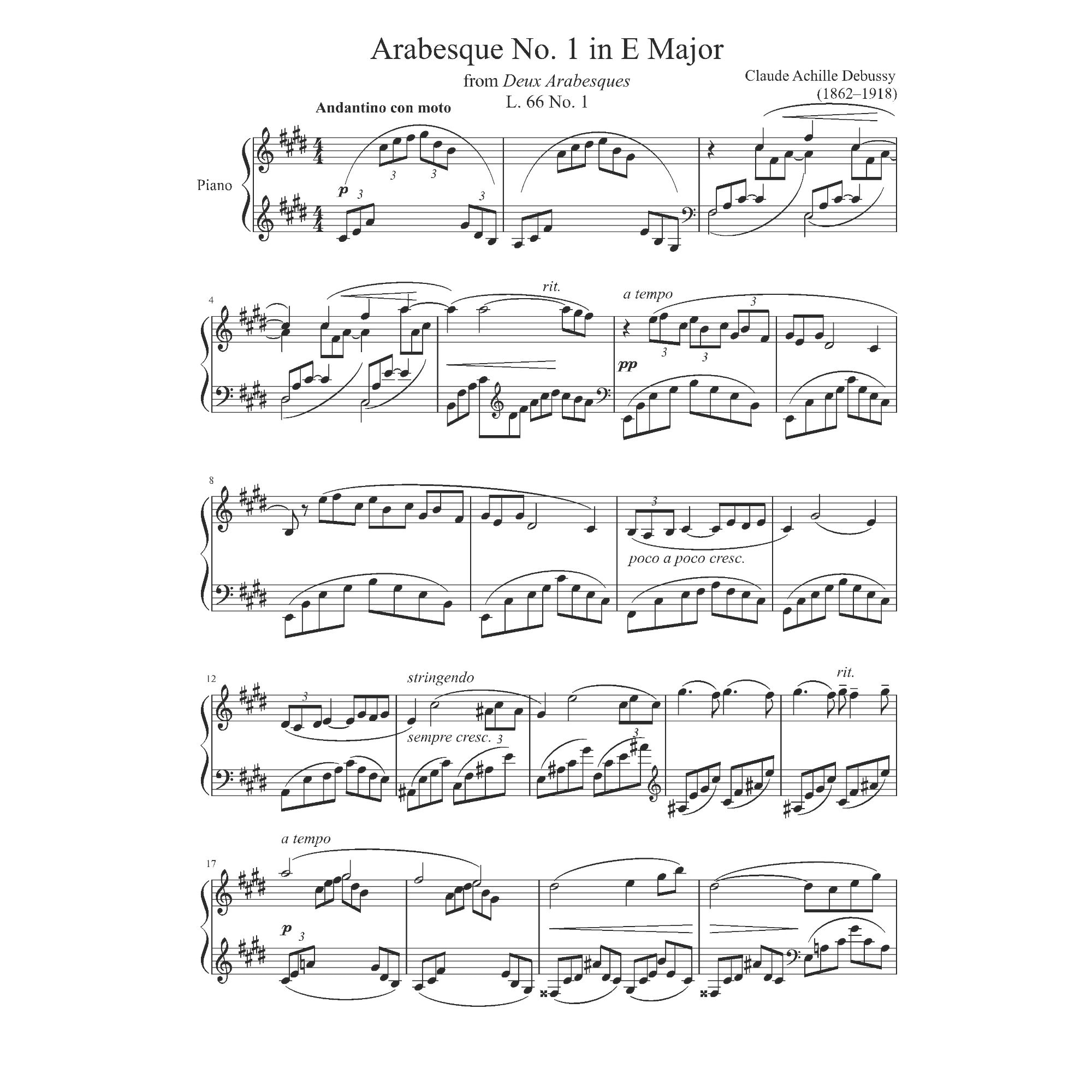 Debussy - Arabesque No. 1 Piano Sheet Music PDF 5 Pages - Etsy