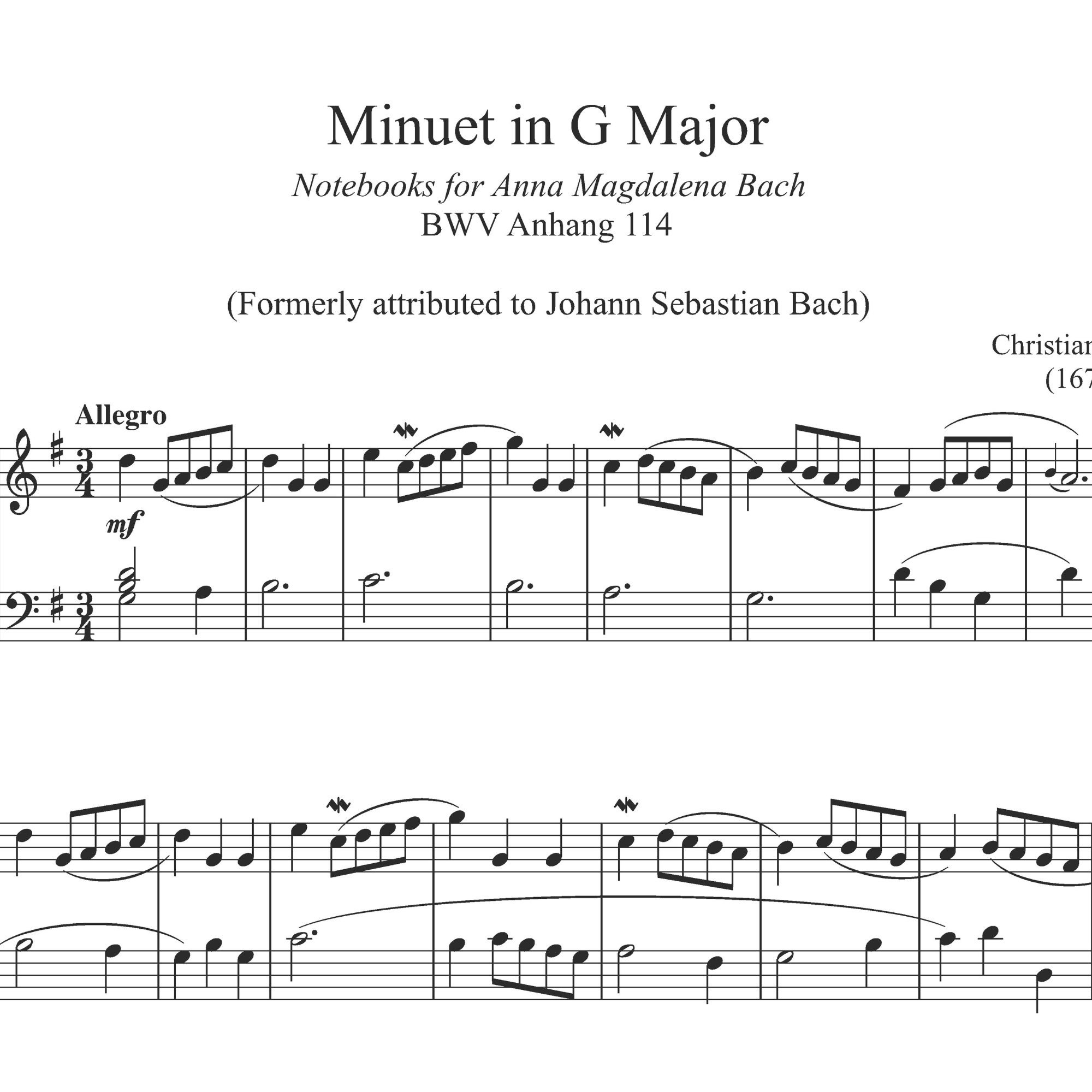 Minuet in G Major Bach Petzold BVW Anh. 114 Sheet Music Download Easy ...