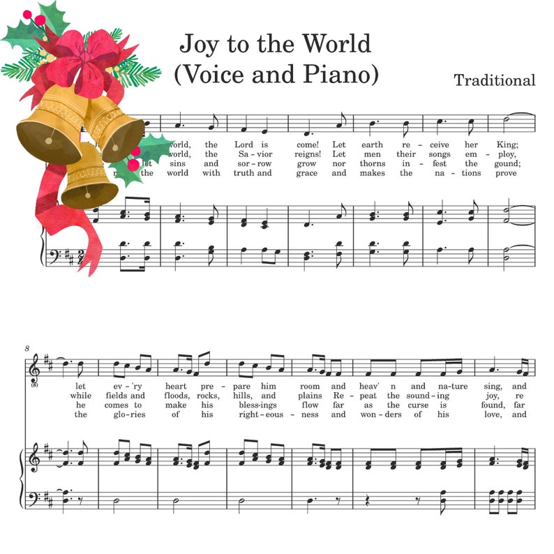 Joy to the World Christmas Carol (easy) Piano / Vocal Music Sheet ...