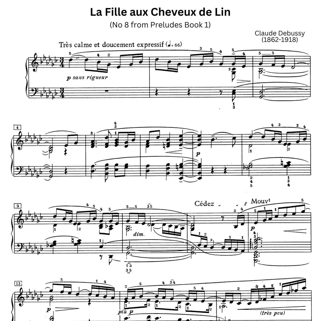 Claude Debussy La Fille Aux Cheveux De Lin Preludes Book 1 No 8 Piano ...