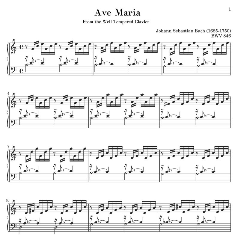 Ave Maria Bach Gounod Piano Solo Sheet Music Printable PDF 2 Pages ...