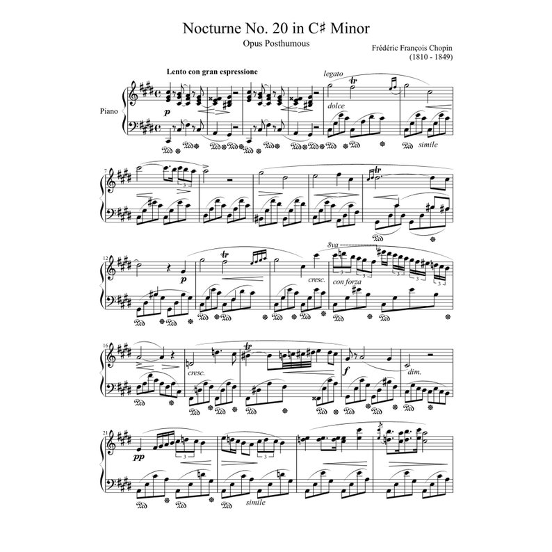 Chopin Nocturne 20 C Sharp Minor Op. Posthumous Frederic Frédéric Solo ...