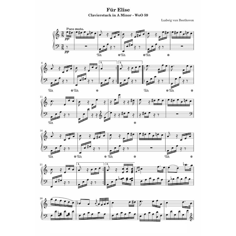Für Elise Beethoven Solo Piano Sheet Music Printable PDF 3 Pages ...