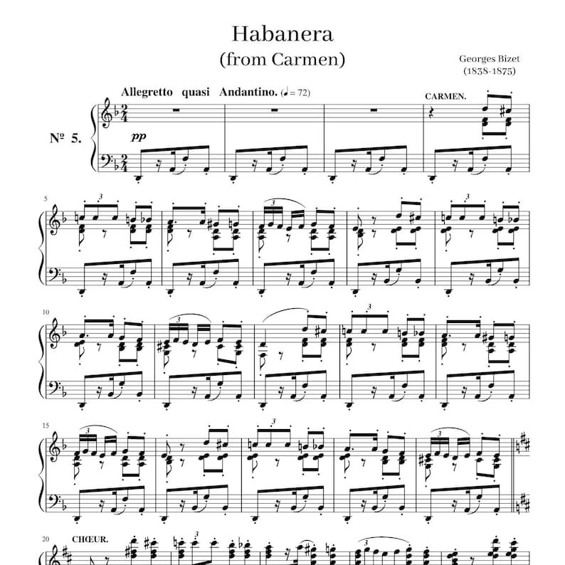 Habanera From Opera Carmen Georges Bizet Piano Solo Sheet Music ...