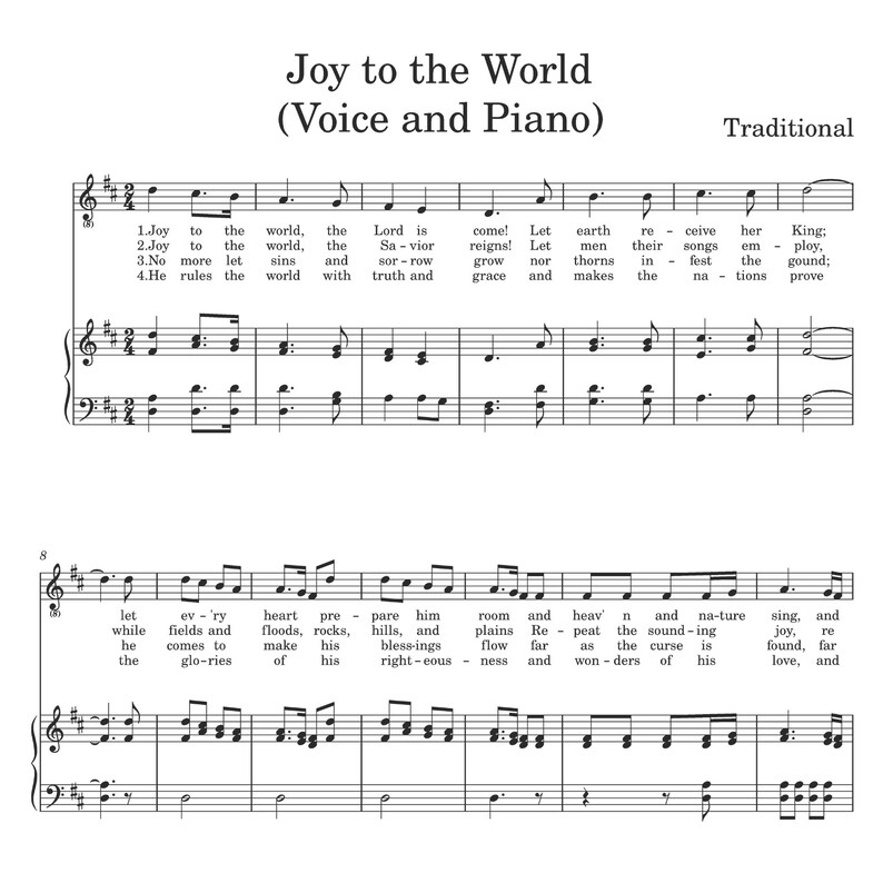 Joy to the World Christmas Carol (easy) Piano / Vocal Music Sheet ...