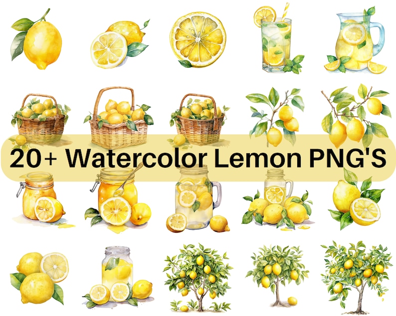20 Watercolor Lemon Clipart Transparent Background 300 DPI PNG ...