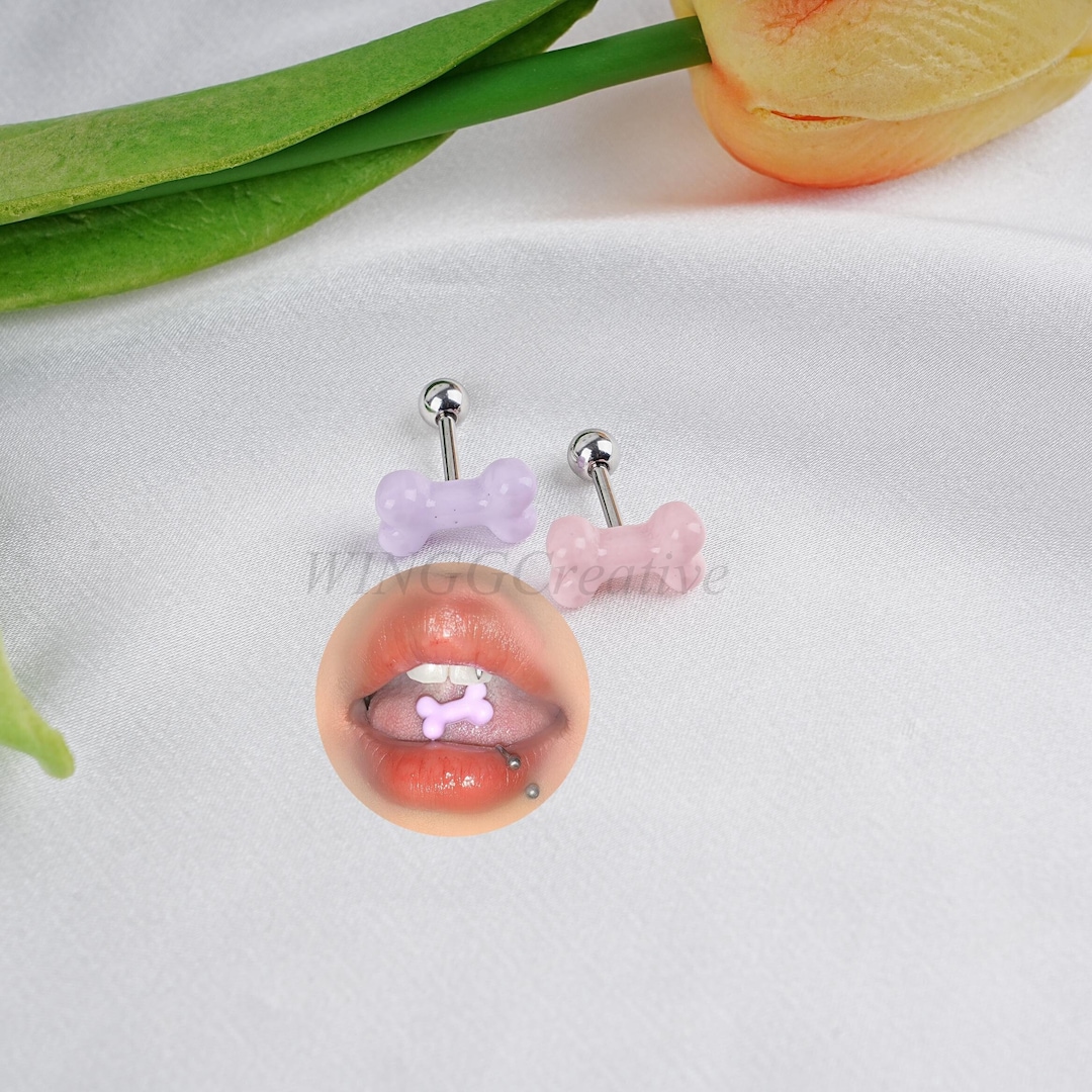 Acrylic Bone Tongue Stud, Sweet Heart Ball Tongue Stud, Titanium Steel ...