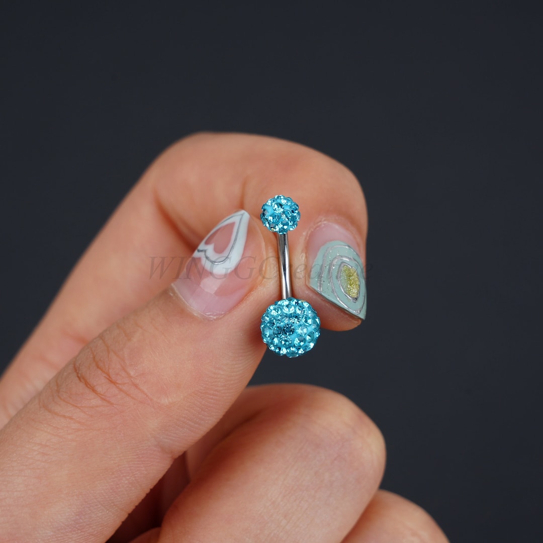 Shiny Blue Double Ball Belly Rings, Simple Rhinestone Belly Jewelry ...