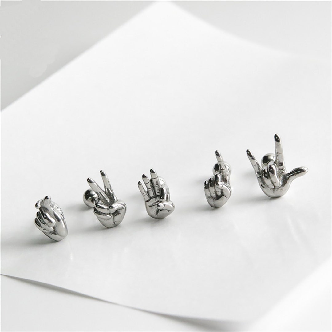 Finger Postures Stud Earring, Helix Cartilage Stud, Cute Conch Ear ...