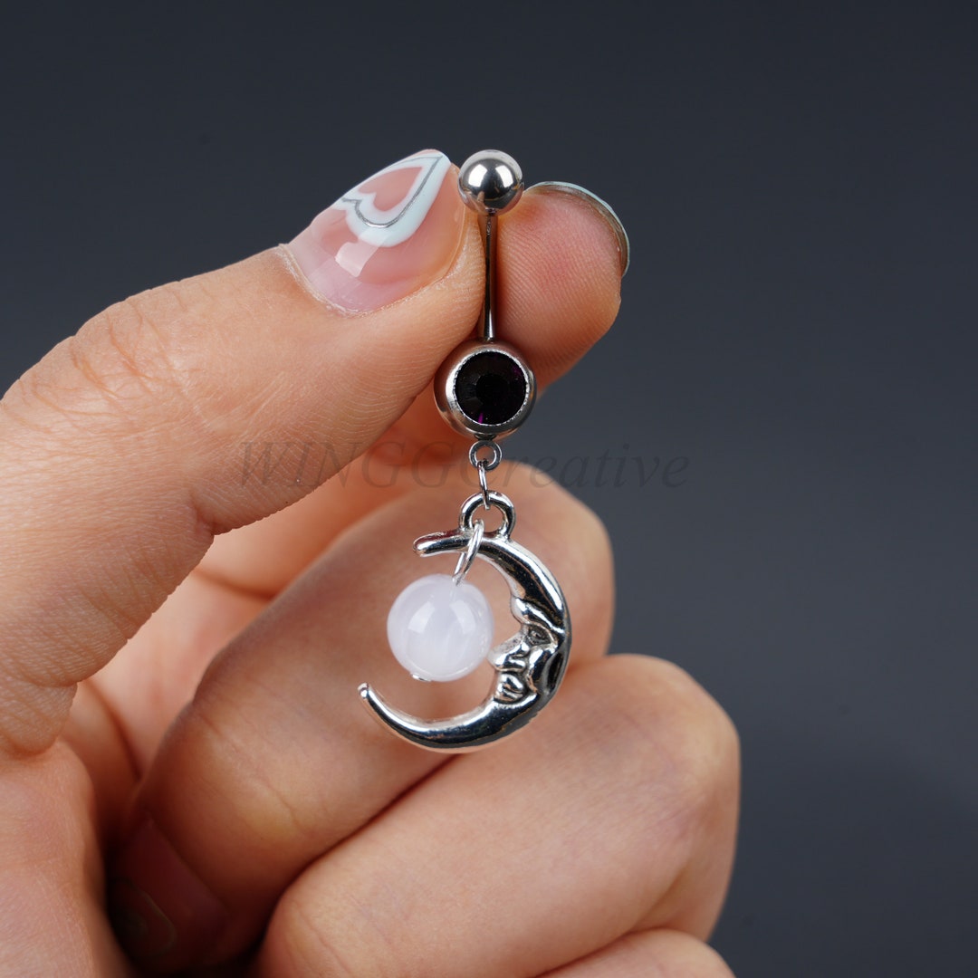 Handmade Moon and Bead Belly Ring, Creative Belly Button Ring, Crystal ...