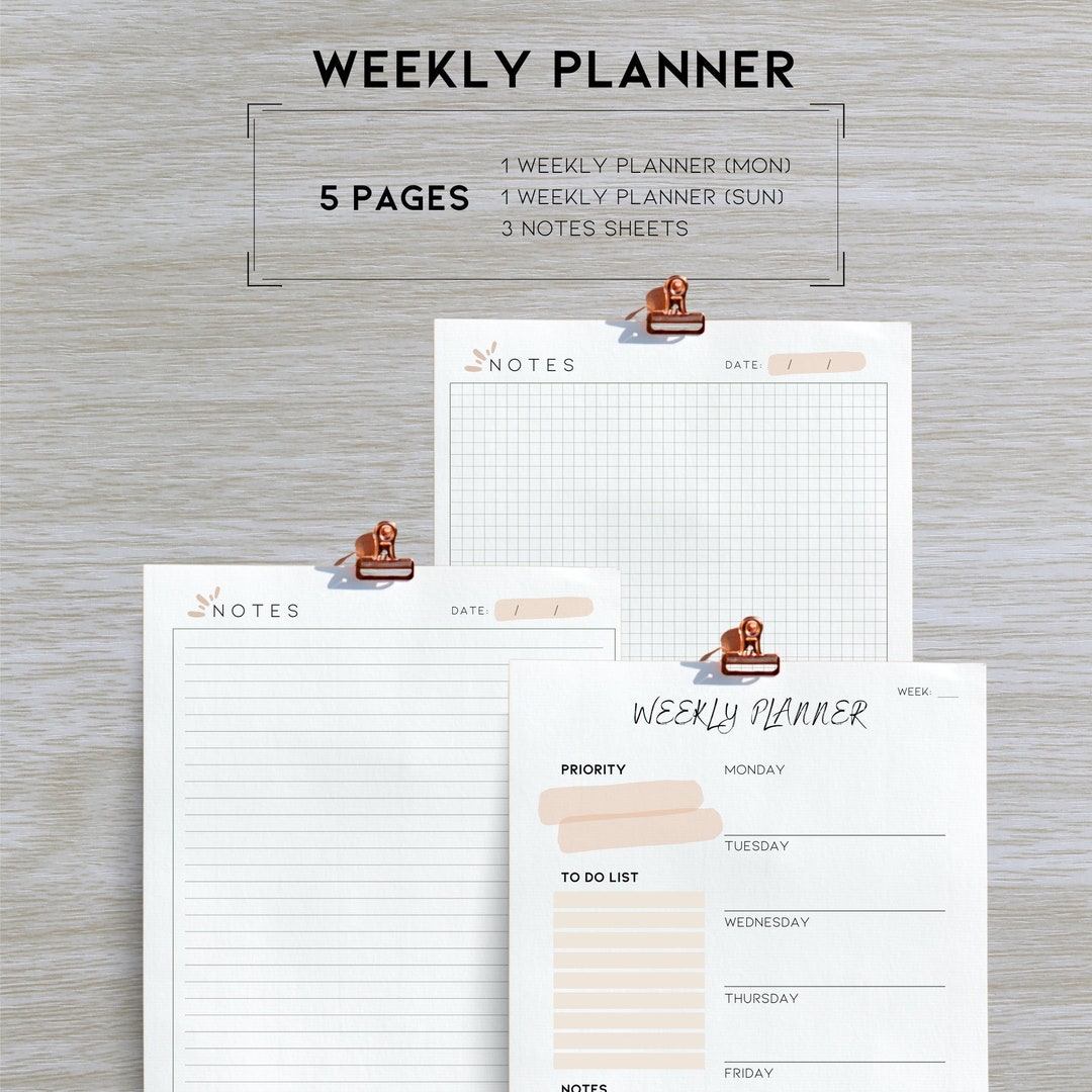 Weekly Planner Printable Planner 5 PDF Pages Modern Weekly Planner Mon ...