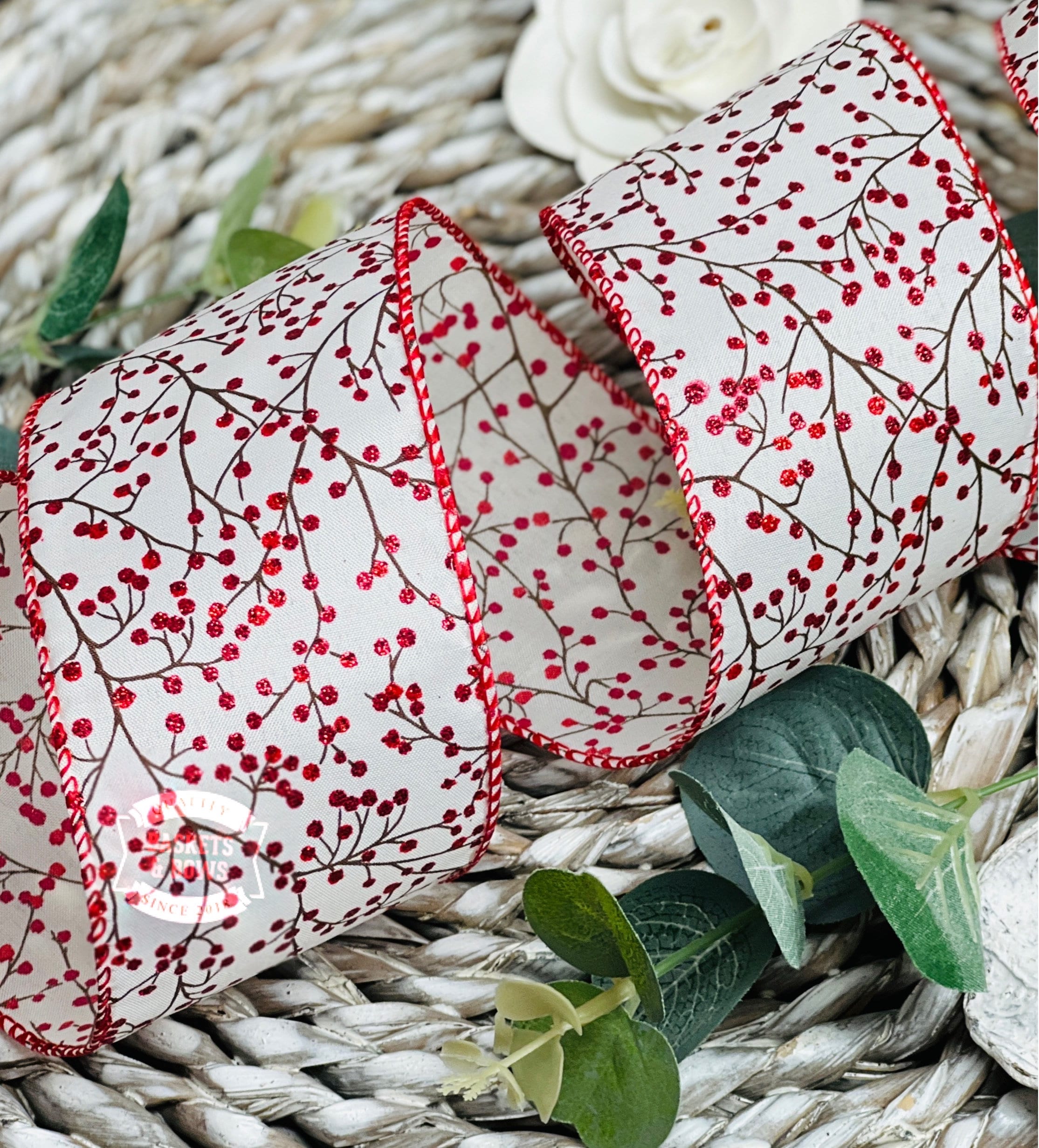 Wire-edged Christmas Ribbon, Vibrant Red Berries Design, 63mm Wide ...