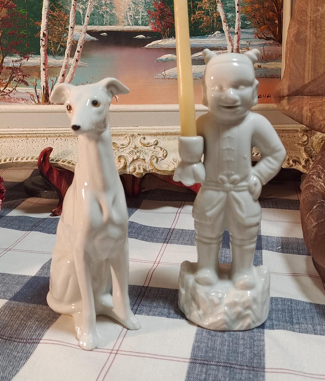 Vintage White Porcelain Greyhound Figurine and Vintage Caroling Figures ...