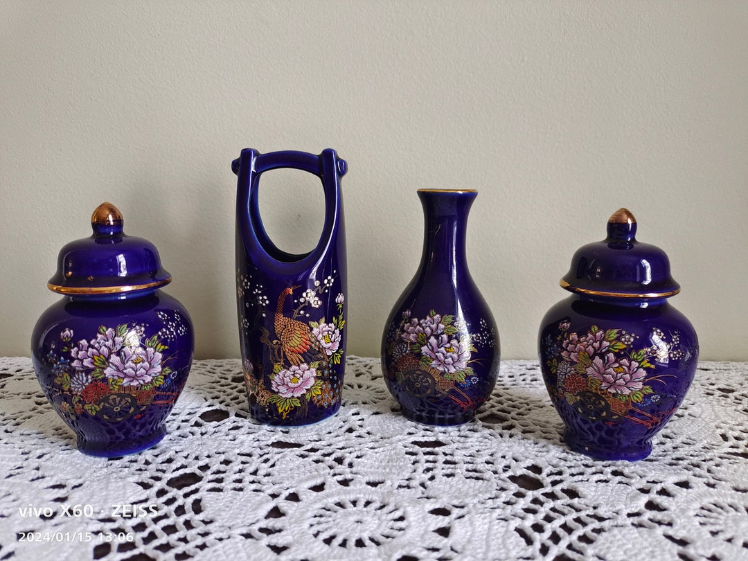 A Set of Four Blue Japanese Porcelain Jar, Vase and Pink Floral Cart - Etsy