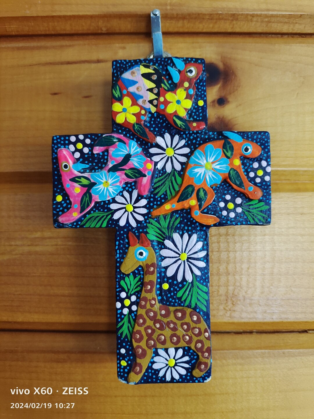 Religious Mexican Folk Art Cross Wall Art Hanging Animals Giraffe Dog Goat Vibrant Oaxacan Folk ...