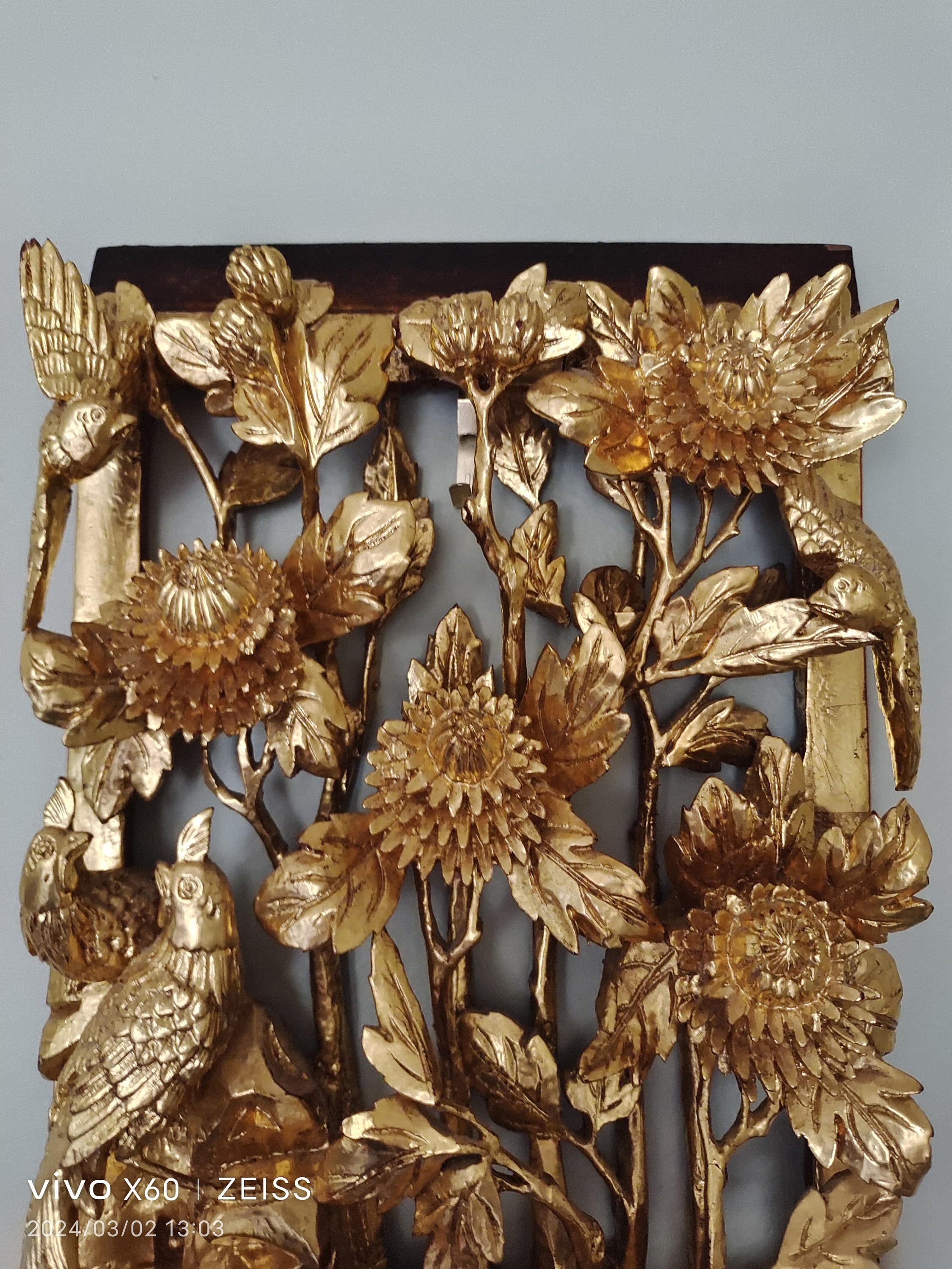 Vintage Carved Wooden Chinese Wall Plaque Panel, Three Dimensional Gold ...