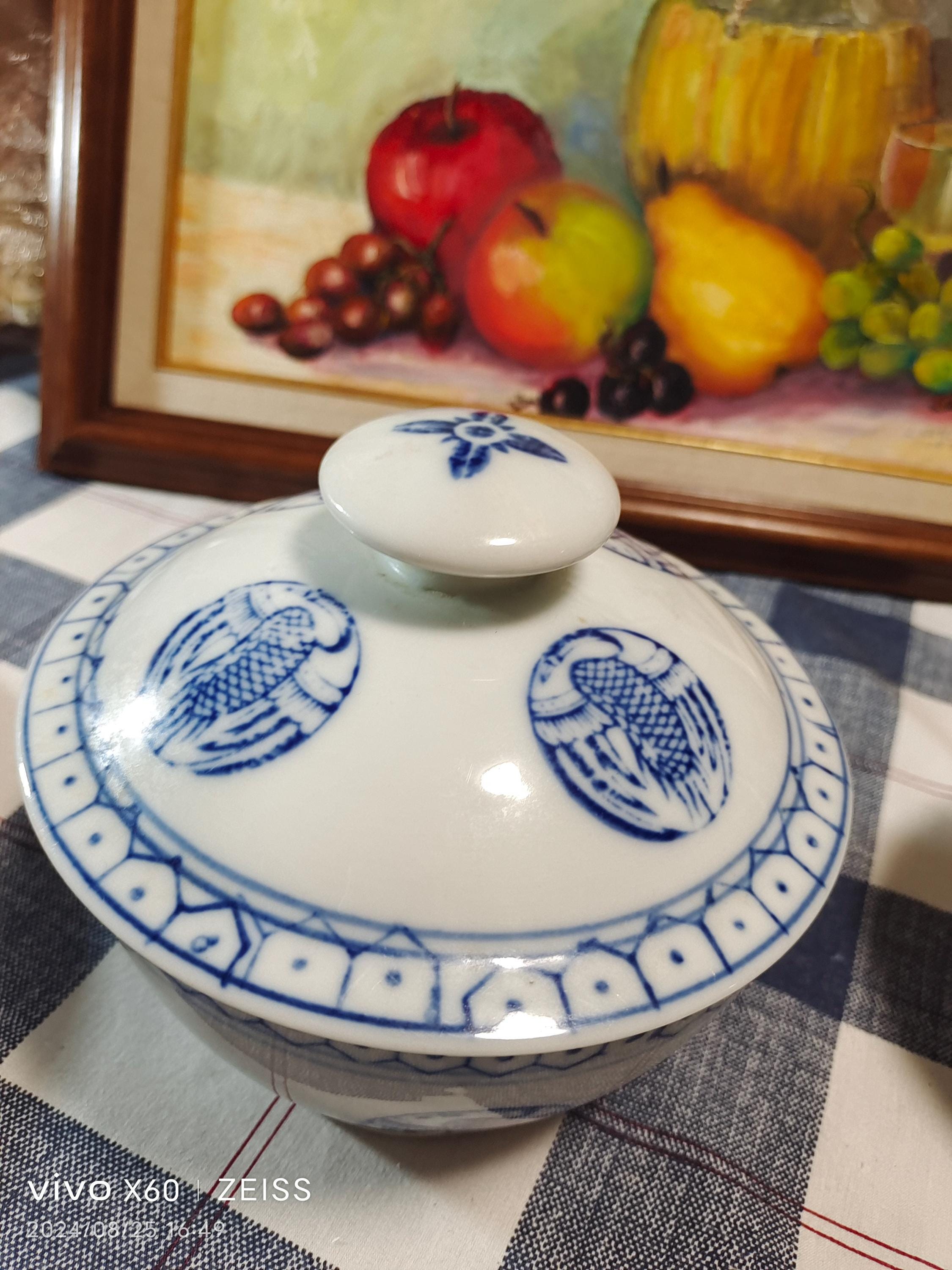 Vintage Blue and White Porcelain Lidded Dish Phoenix Medallions Made in ...