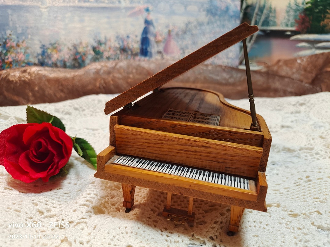 Vintage Miniature Wood Grand Piano Music Box, Nature Wood Piano ...