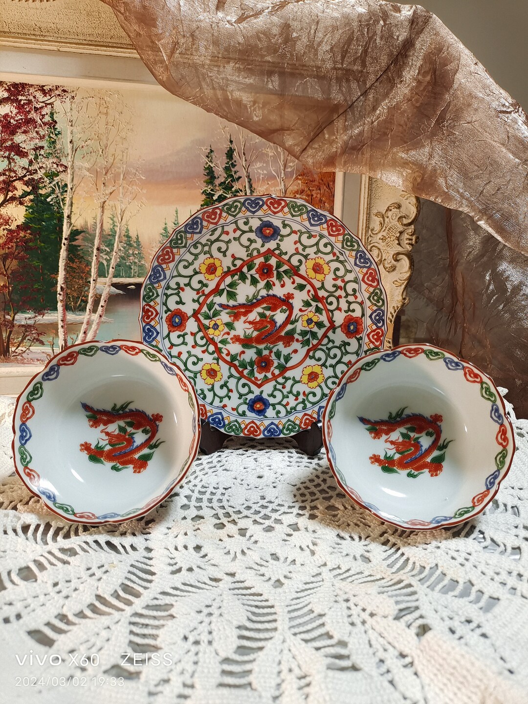 Vintage Japanese Hand Painted 庫山窯 Red Dragon Bowl and Plate 7.5 Inches ...