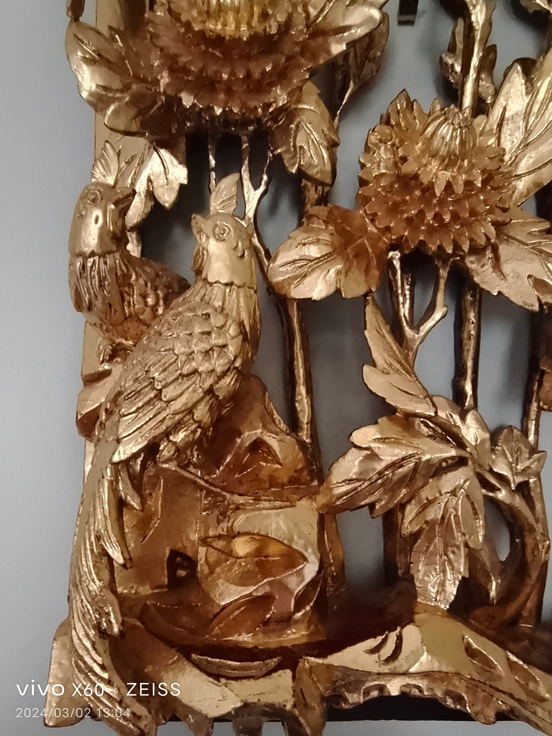 Vintage Carved Wooden Chinese Wall Plaque Panel, Three Dimensional Gold ...