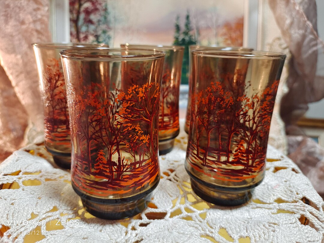 Vintage Libbey Glassware, Brown Tinted Glass With Orange Forest, Vintage Juice Glass, Orange ...
