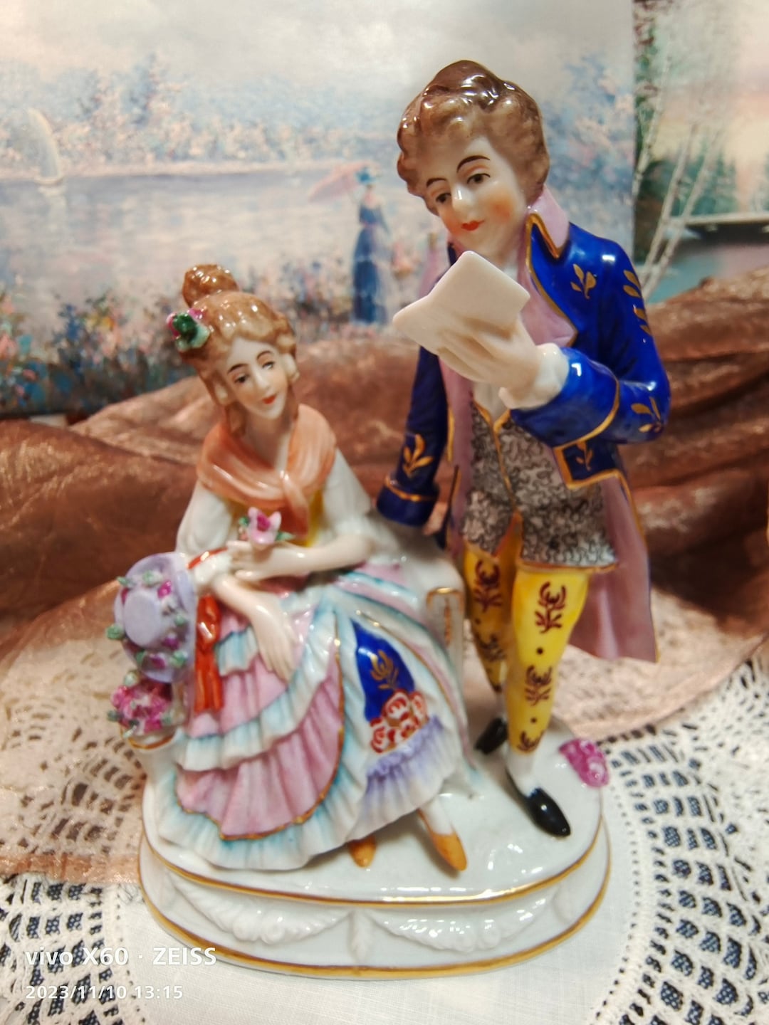 Antique German Porcelain Figurine, Courting Couple Reading Book Gold ...
