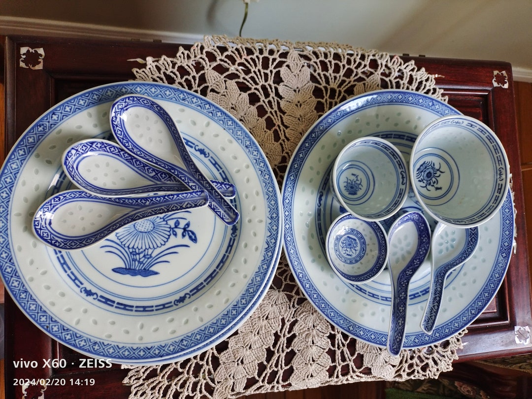 Two Set (12 Pieces ) of Opaque China Rice Grain Oriental Blue and White ...