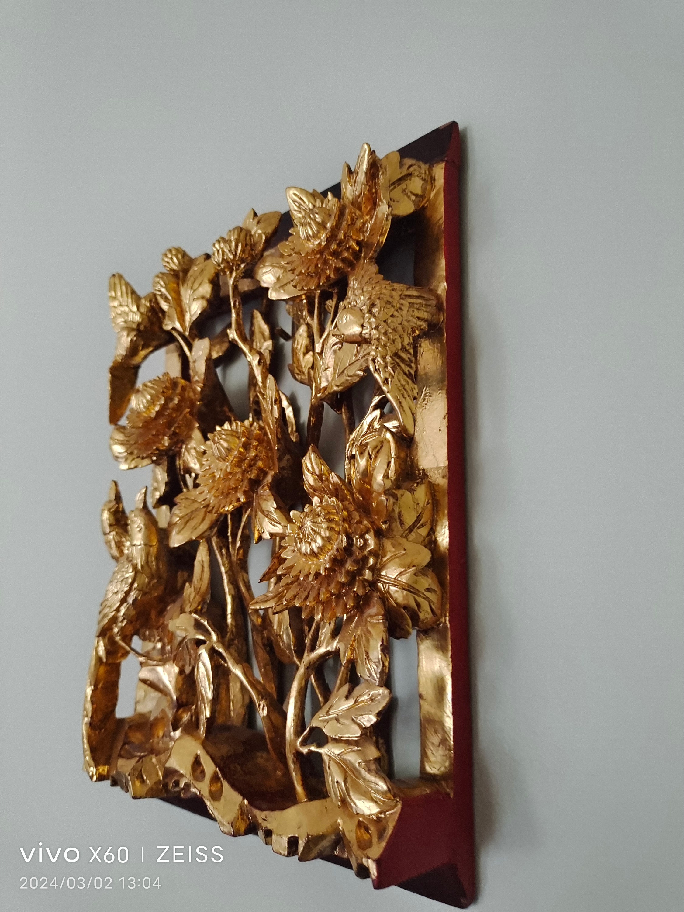 Vintage Carved Wooden Chinese Wall Plaque Panel, Three Dimensional Gold ...