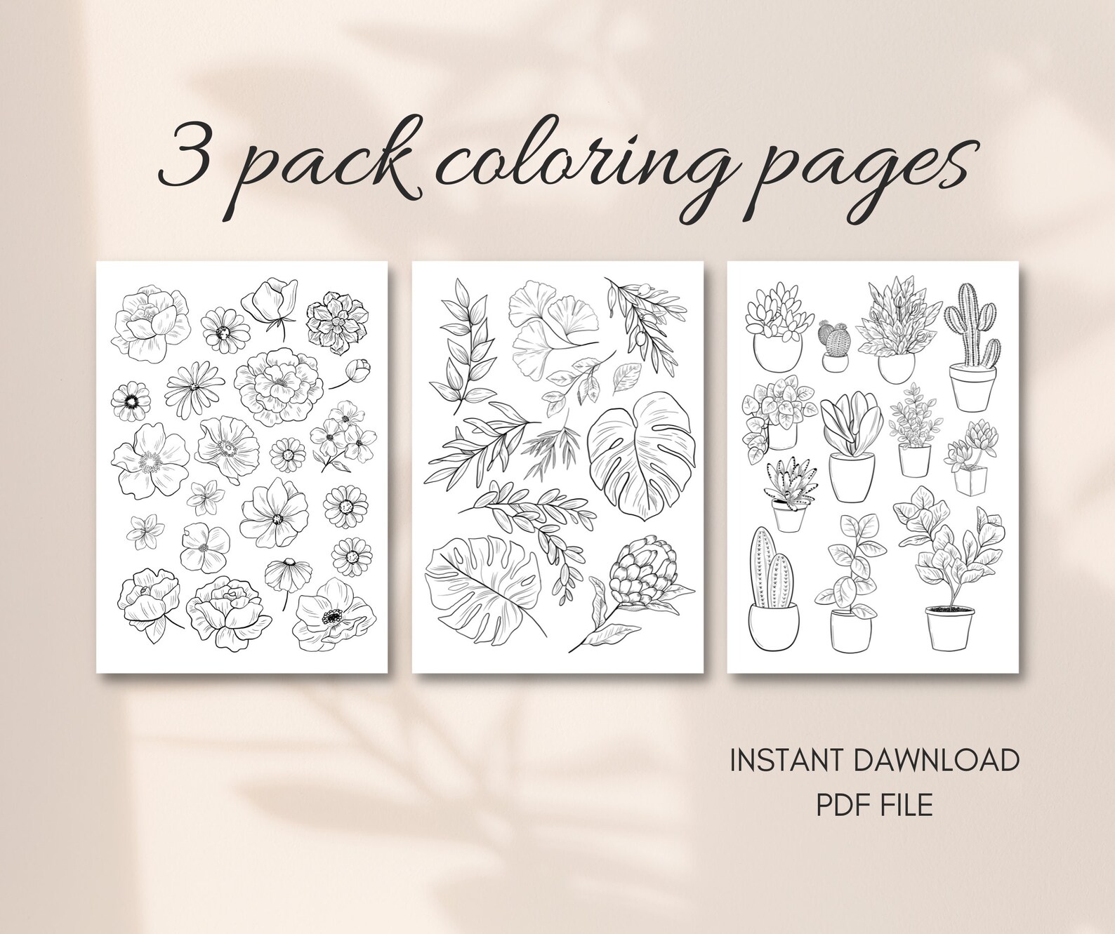 3 Pack Plant Printable Coloring Pages Digital Download PDF File A4 ...