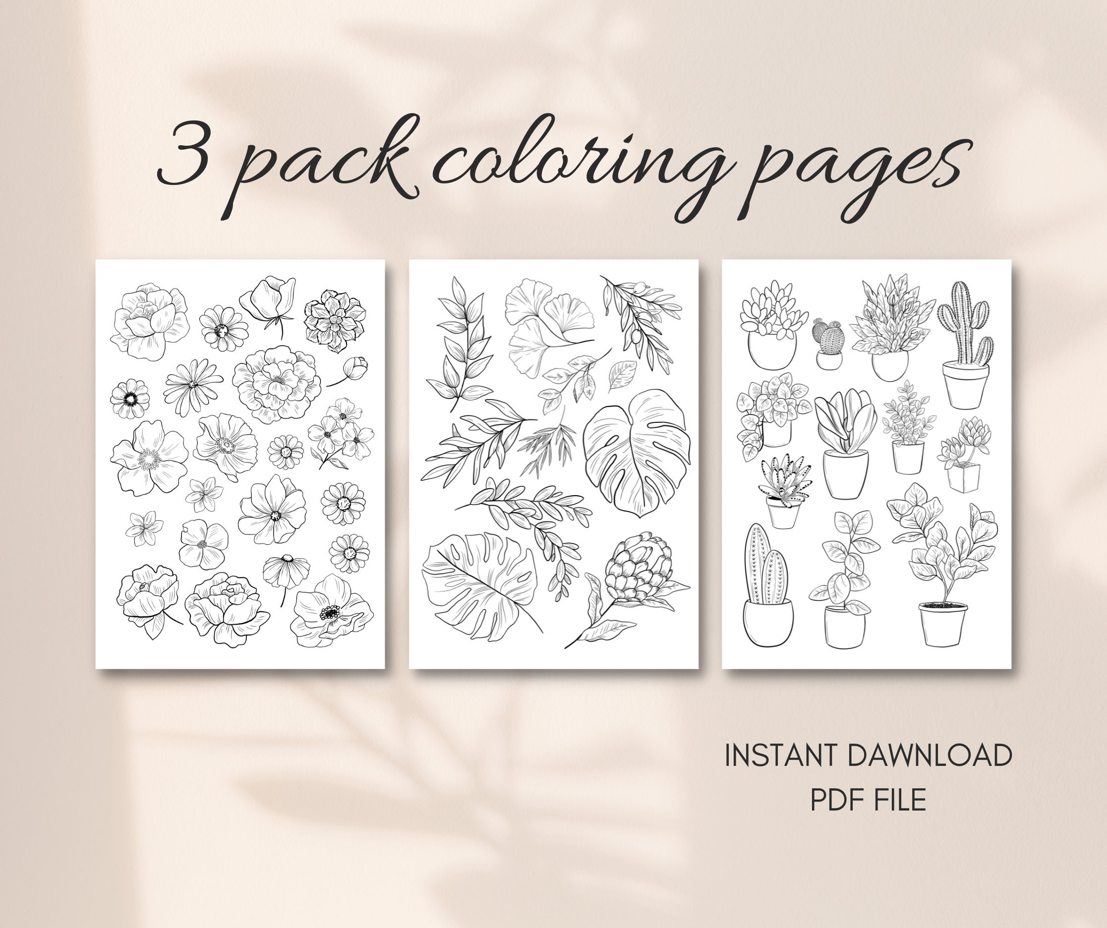 3 Pack Plant Printable Coloring Pages Digital Download PDF File A4 ...