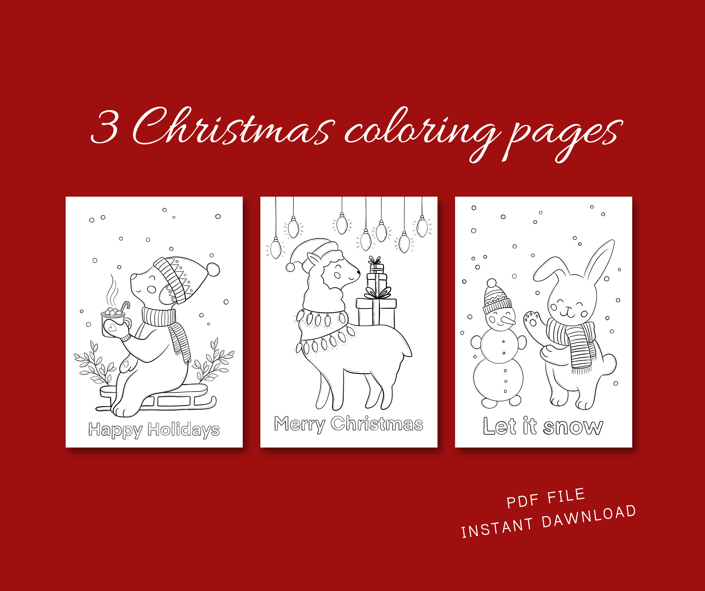 Christmas Printable Coloring Pages 3 Pack Digital Download PDF File A4 ...