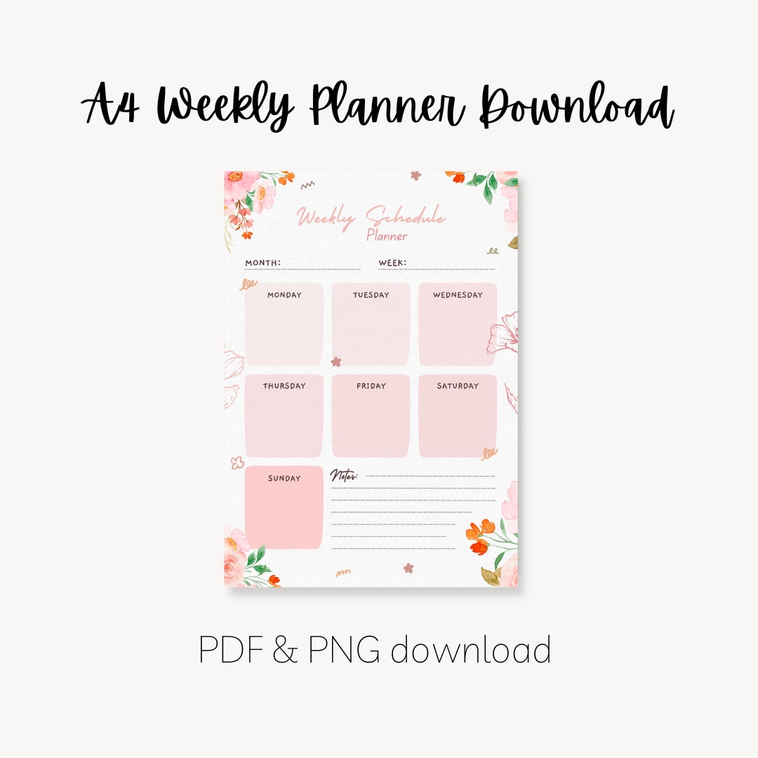 Floral Print A4 Weekly Planner - Instant Download - Printable - Etsy