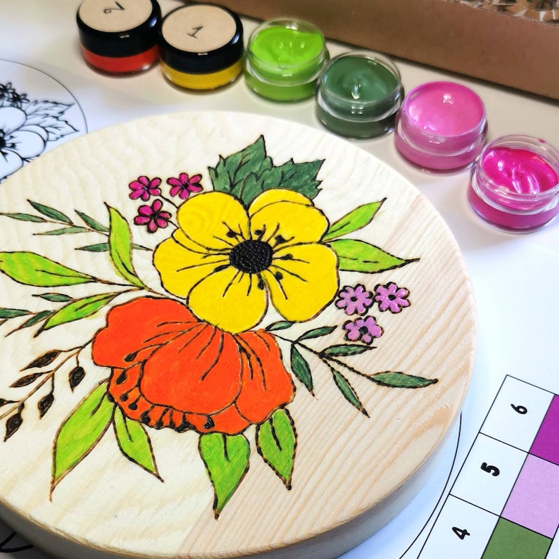 Wooden Coloring Kit Floral Theme, Child / Adult Painting Kit, Coloring ...