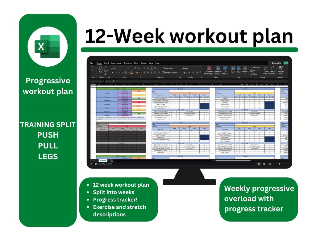 Workout & Fitness Tracker Spreadsheet for Excel | 12 Week Gym Workout ...