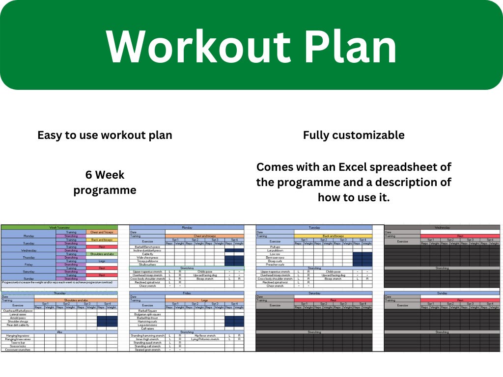 Workout & Fitness Tracker Spreadsheet for Excel 6 Week Gym Workout ...