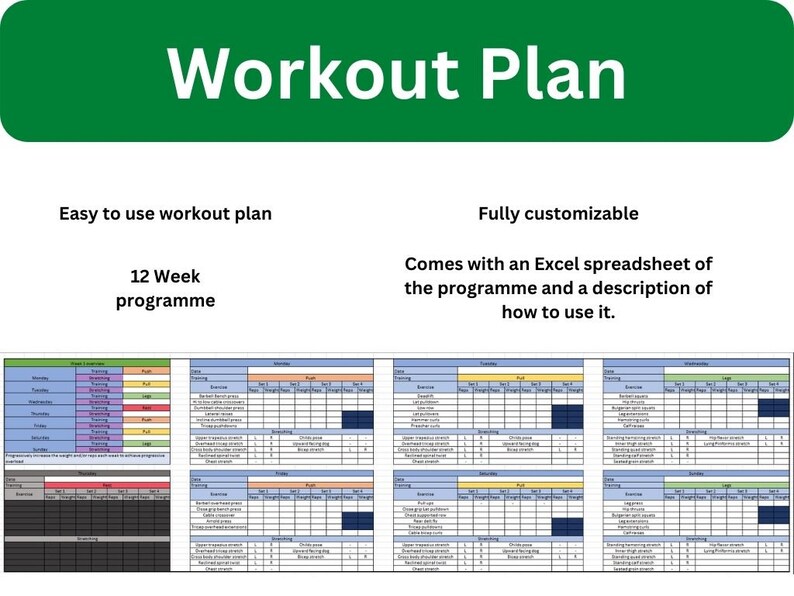 Workout & Fitness Tracker Spreadsheet for Excel | 12 Week Gym Workout ...