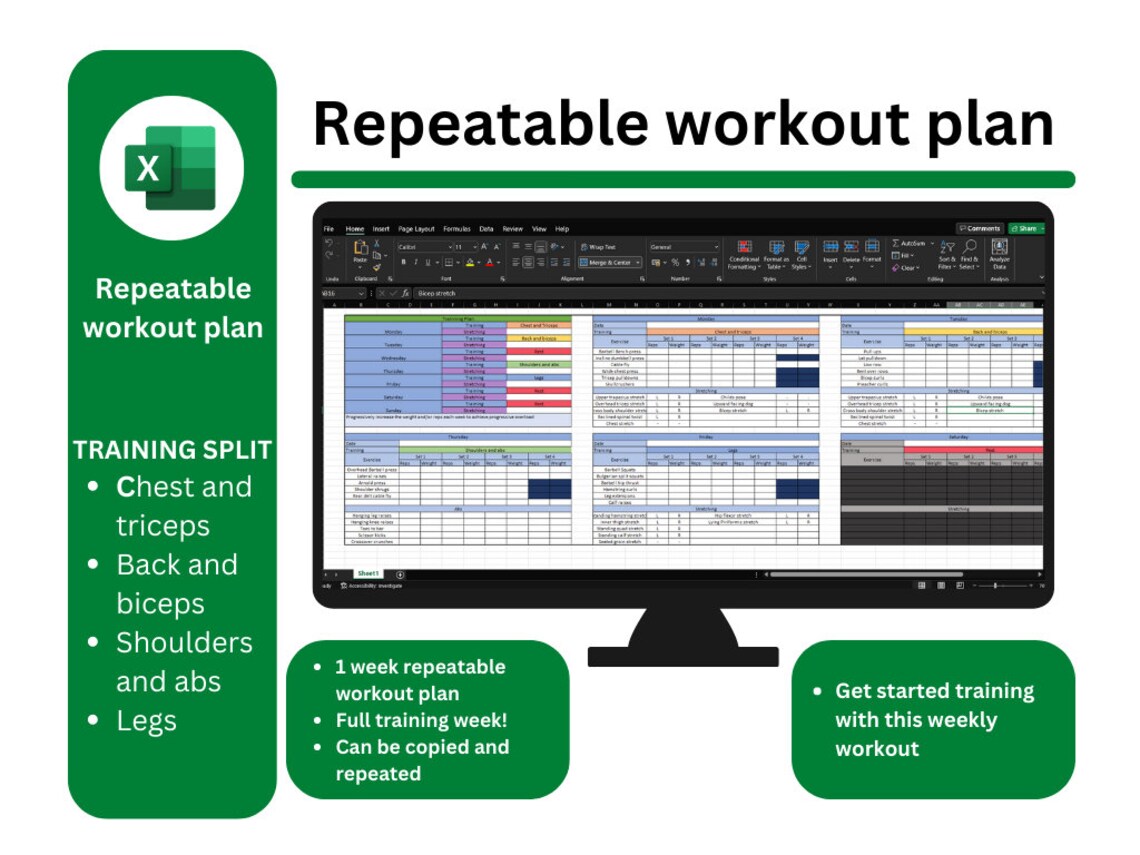 Workout & Fitness Tracker Spreadsheet for Excel | Repeatable Weekly Gym ...