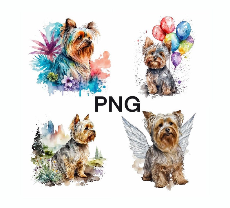 4x Yorkshire Terrier Dog Pictures, Digital Download, Watercolour Crafting Graphic, PNG Printable ...